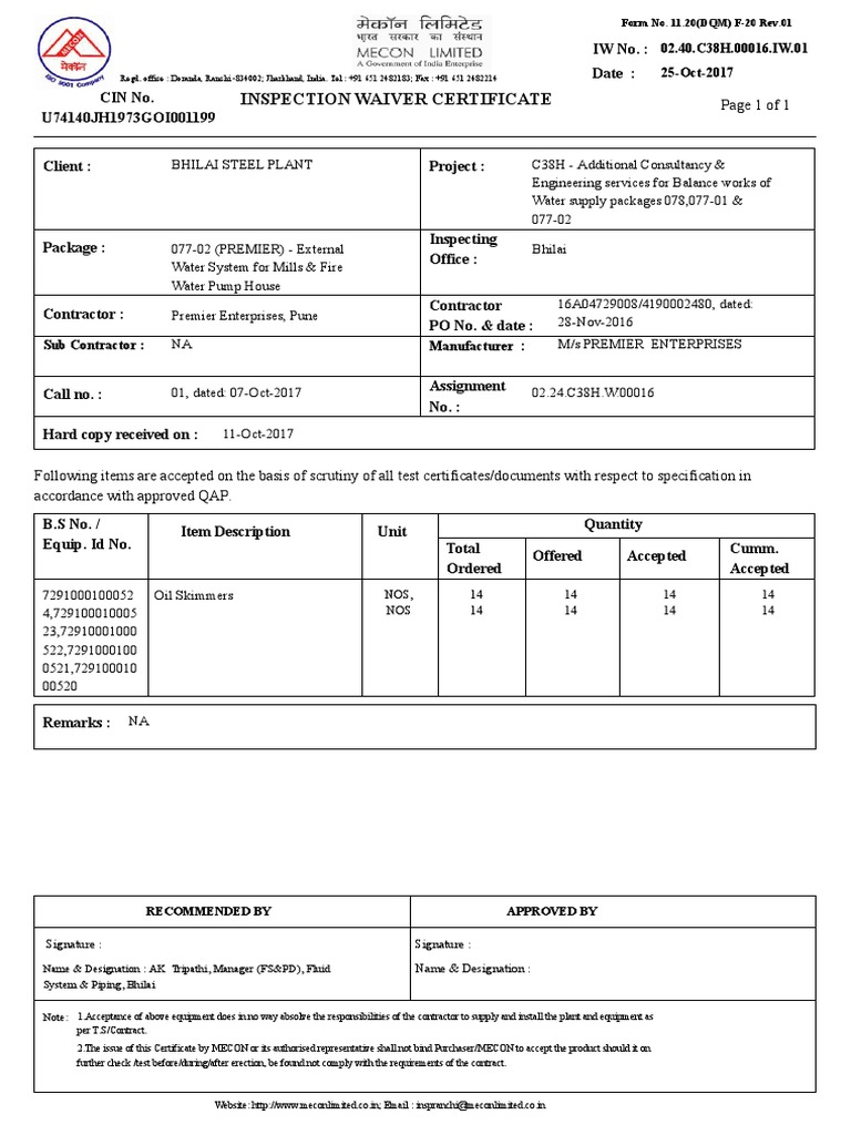 Inspection Waiver Certificate: Page 1 of 1 | PDF