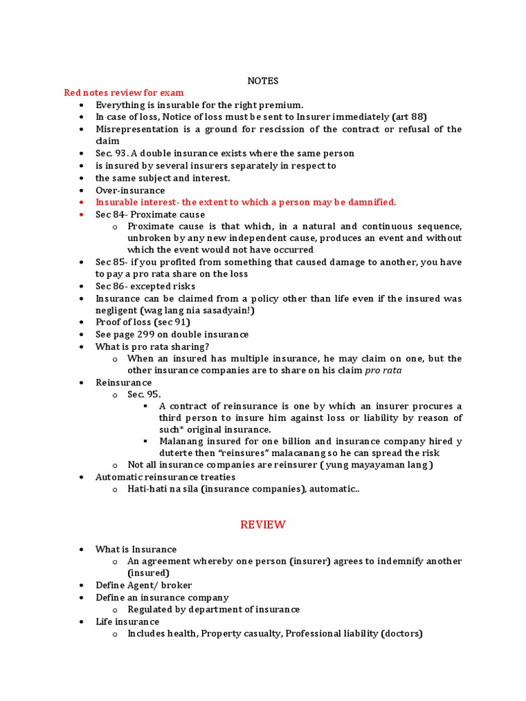 Red Notes Review For Exam | PDF | Reinsurance | Insurance
