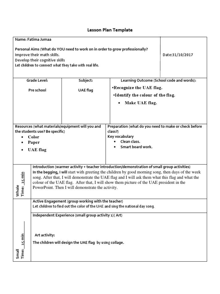 UAE Flag Lesson Plan for Preschool | PDF | Lesson Plan | Educational ...