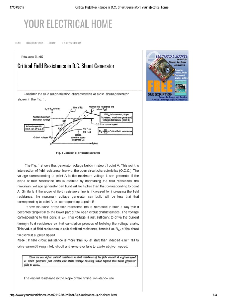 Critical Field Resistance in D.C. Shunt Generator - Your Electrical ...