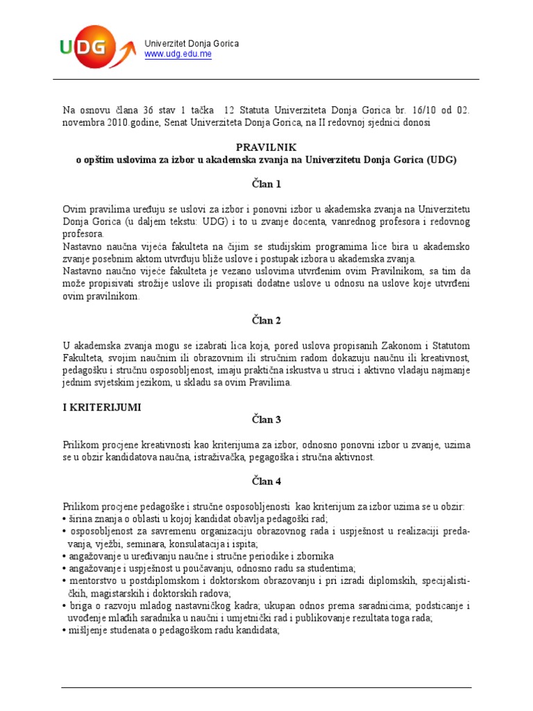 UDG Pravilnik o Izboru U Akademska Zvanja | PDF