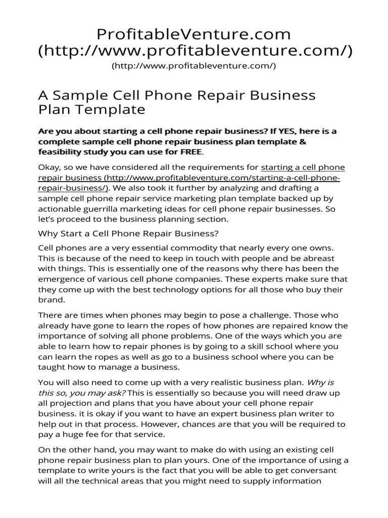 A Sample Cell Phone Repair Business Plan Template | PDF | Advertising ...