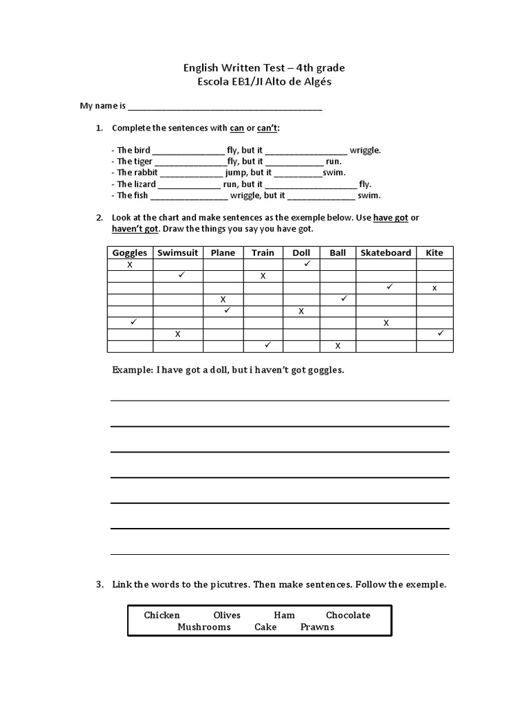 English Written Test - 4th Grade Escola EB1/JI Alto de Algés | PDF