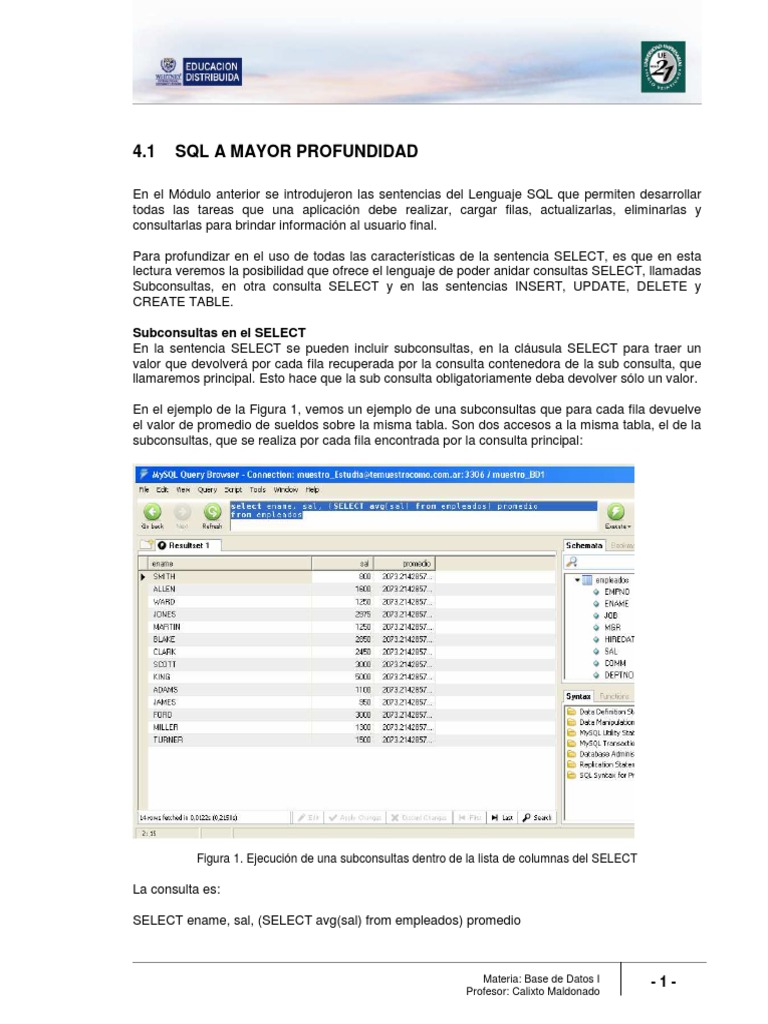Lectura 21 - SQL A Mayor Profundidad CORREGIDO PDF | PDF | SQL | Tabla ...