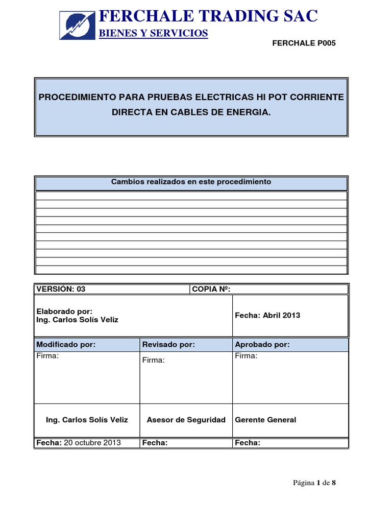 Procedimiento Pruebas HI POT en Cables | PDF | voltaje | Electricidad