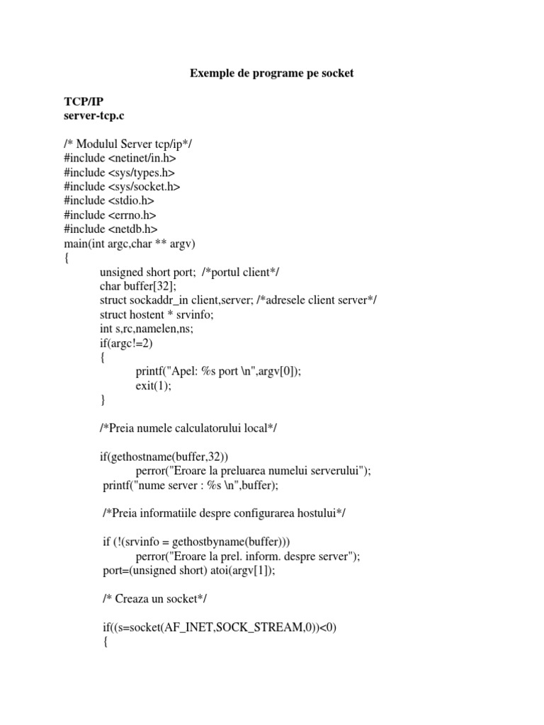 Exemple de Programe Pe Socket Tcp/Ip Server-Tcp.c | PDF