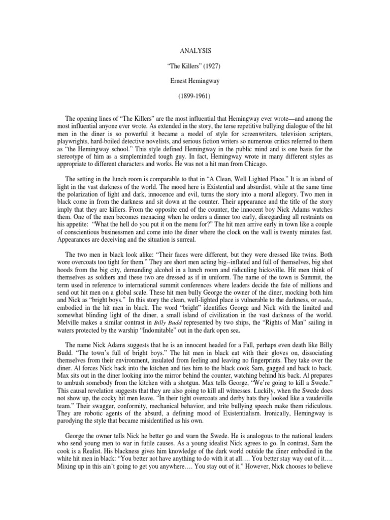 SSTORY Hemingway, Ernest The Killers (1927) Analysis PDF | Download ...