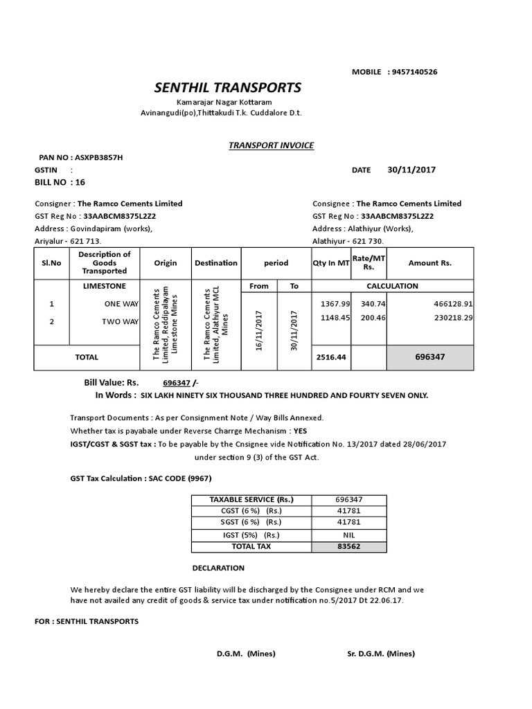 Invoice for Transporting Limestone Between Ramco Cements Plants | PDF ...