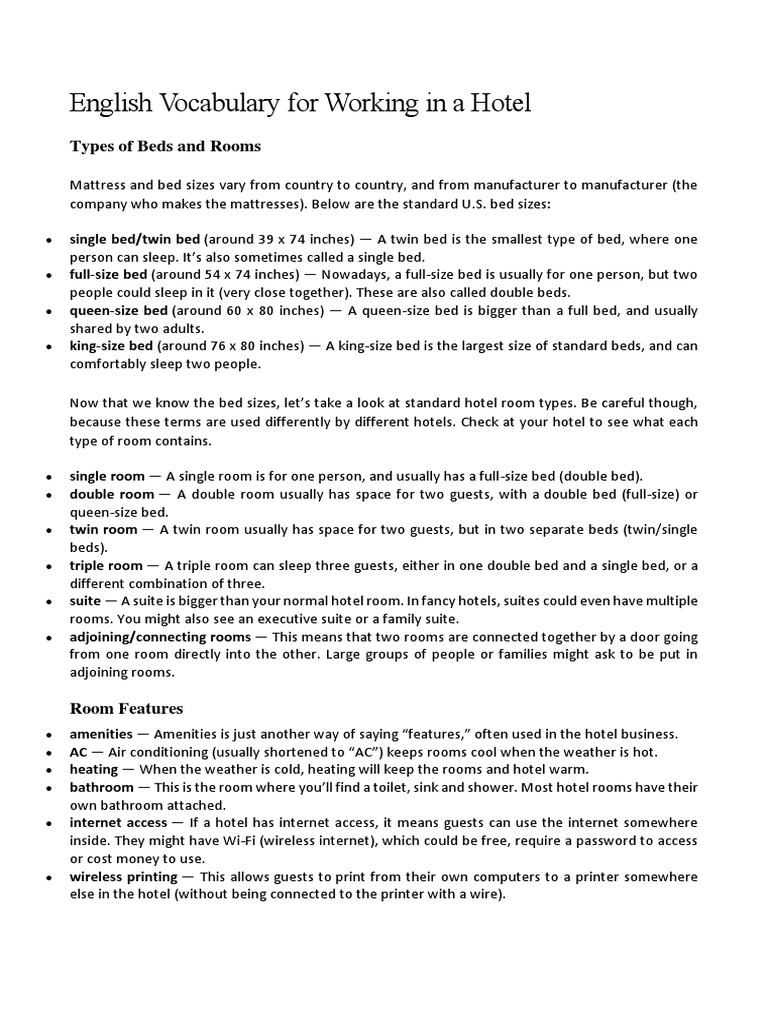 English Vocabulary For Working in A Hotel | PDF | Bed | Bathroom
