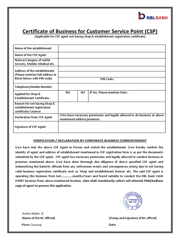 CSP Business Certificate Application Form | PDF