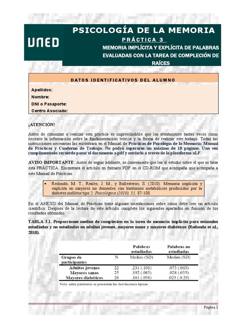 PEC Psicología Memoria - Memoria Implícita y Explícita 16-17 PDF | PDF ...