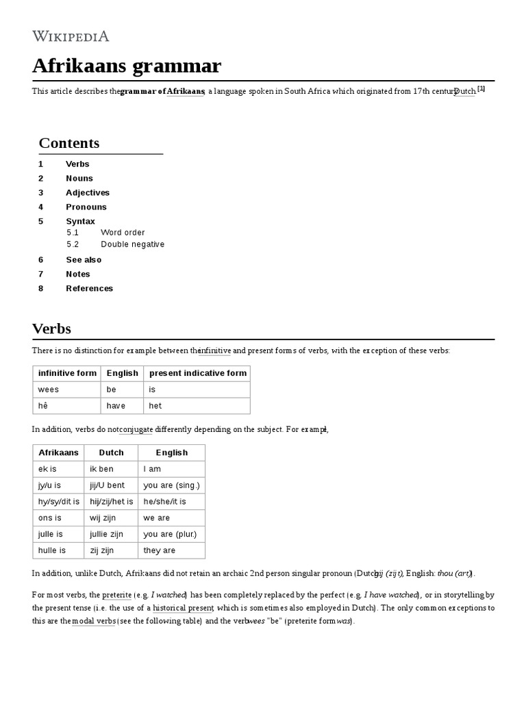Afrikaans Grammar: 1 Verbs 2 Nouns 3 Adjectives 4 Pronouns 5 Syntax ...