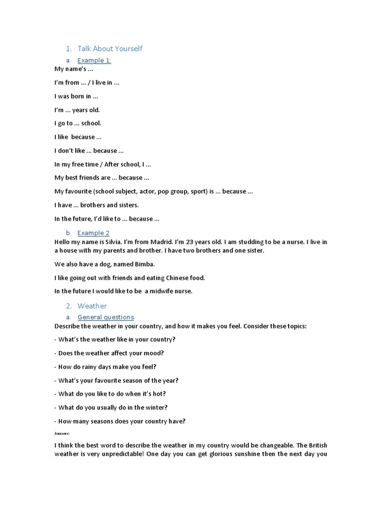 Talk About Yourself: A. Example 1 | PDF | Museum | Weather