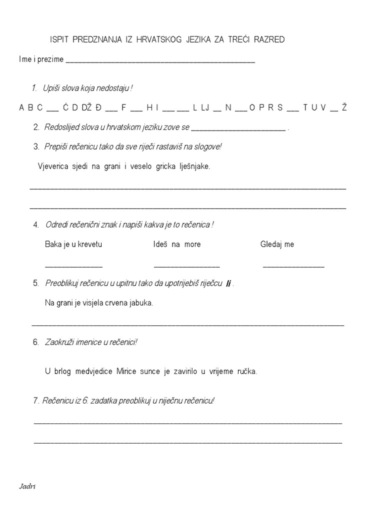 Ispit Predznanja Iz Hrvatskog Jezika Za Treci Razredjadri | PDF