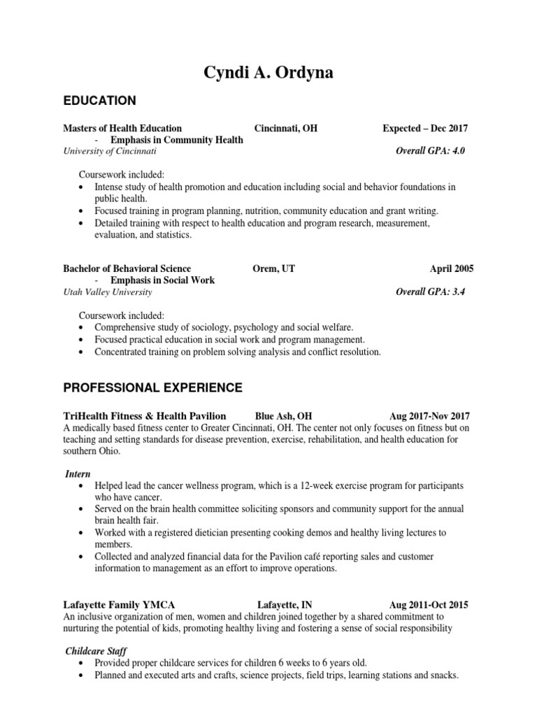 Resume - Cynthia Ordyna Website | PDF | Health Education | Restaurant ...