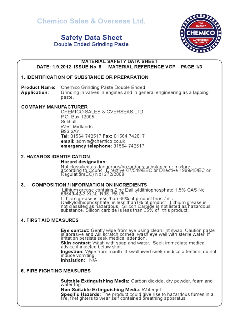 Safety Data Sheet: Chemico Sales & Overseas LTD | PDF | Chemical ...