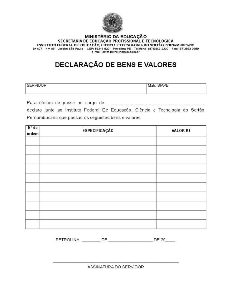 Declaracao de Bens e Valores | PDF
