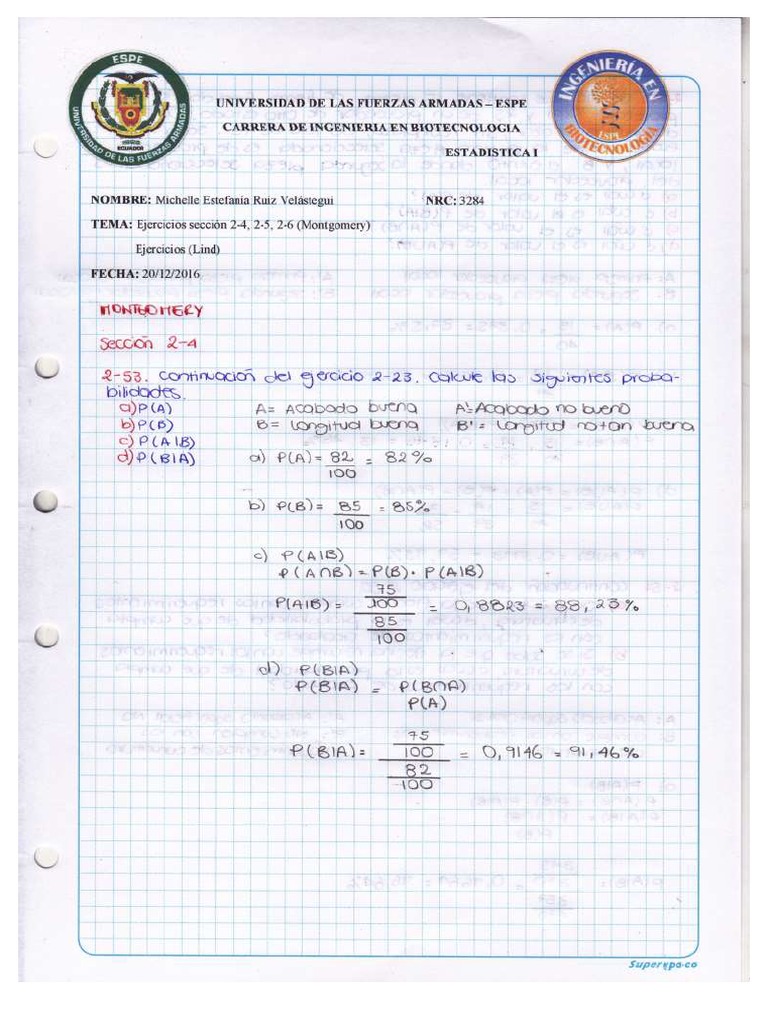 DEBER 8 - Ejercicios Montgomery Cap. 2 Sección 2-4, 2-5, 2-6 Ejercicios Lind | PDF