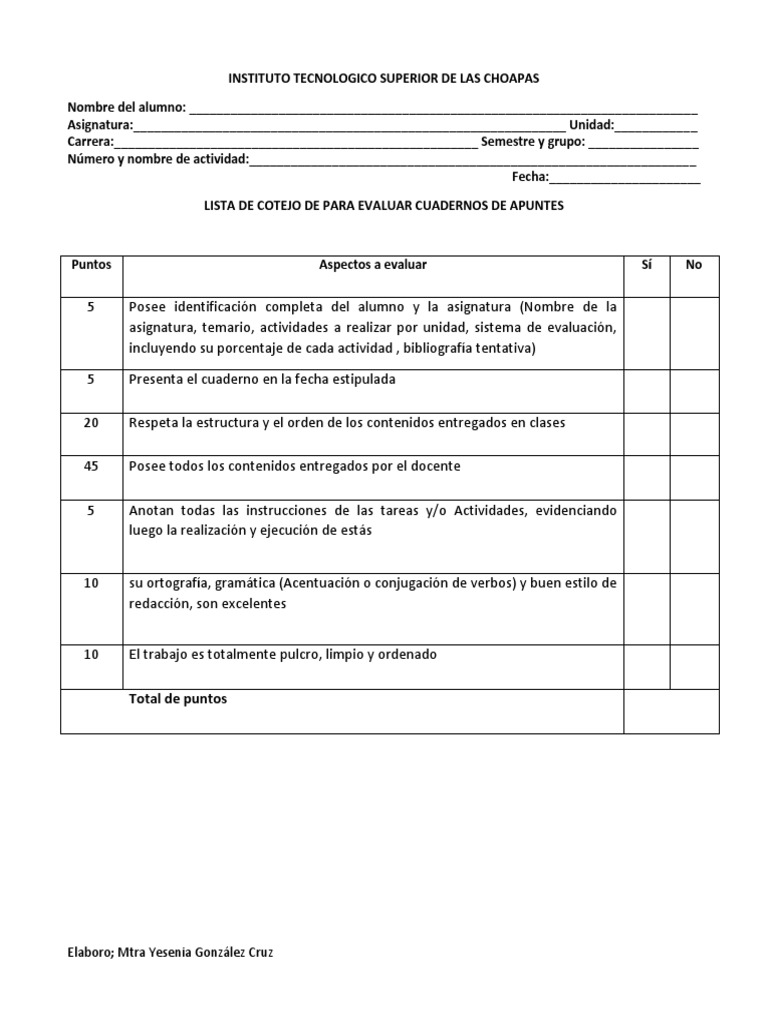 Lista de Cotejo Para Evaluar Libreta de Apuntes
