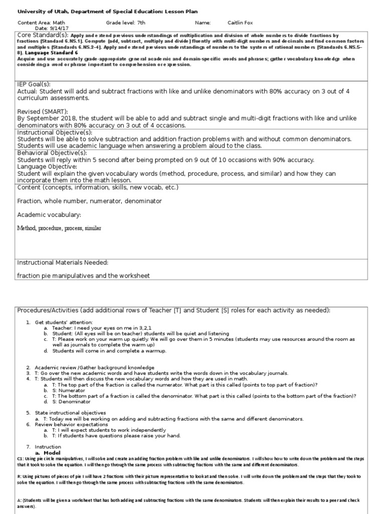 Lesson Plan Fractions Cra | PDF | Fraction (Mathematics) | Teaching