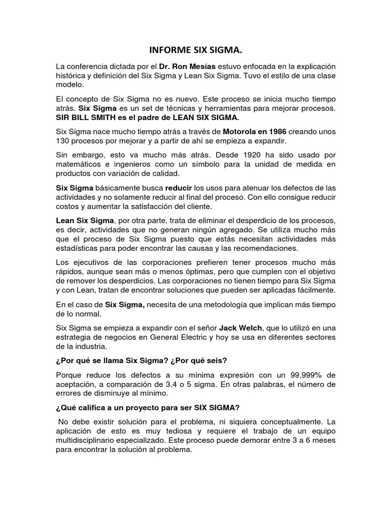 Informe Six Sigma | Descargar gratis PDF | Six Sigma | Business