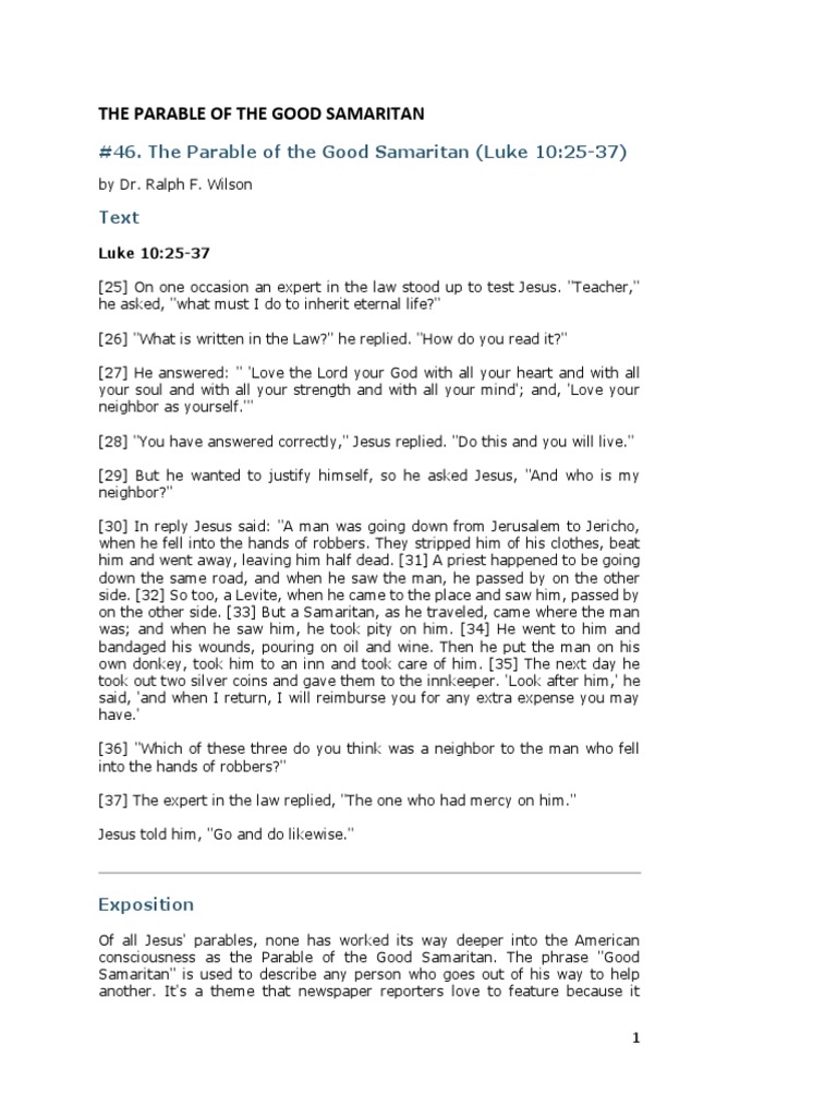 The Parable of The Good Samaritan Luke CH 10 Verses 25-37 | PDF | Jesus ...