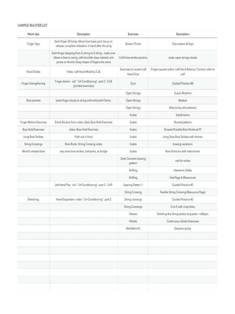 Sample Master List: Warm Ups Description Exercises Description | PDF ...