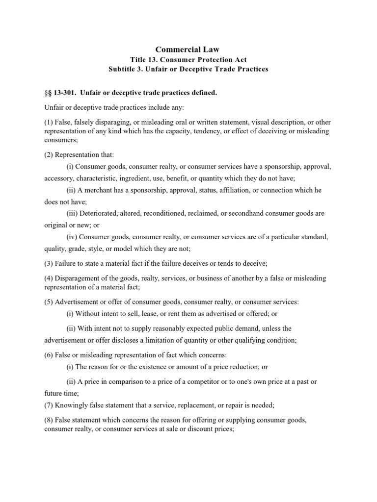 Commercial Law: Title 13. Consumer Protection Act Subtitle 3. Unfair or ...