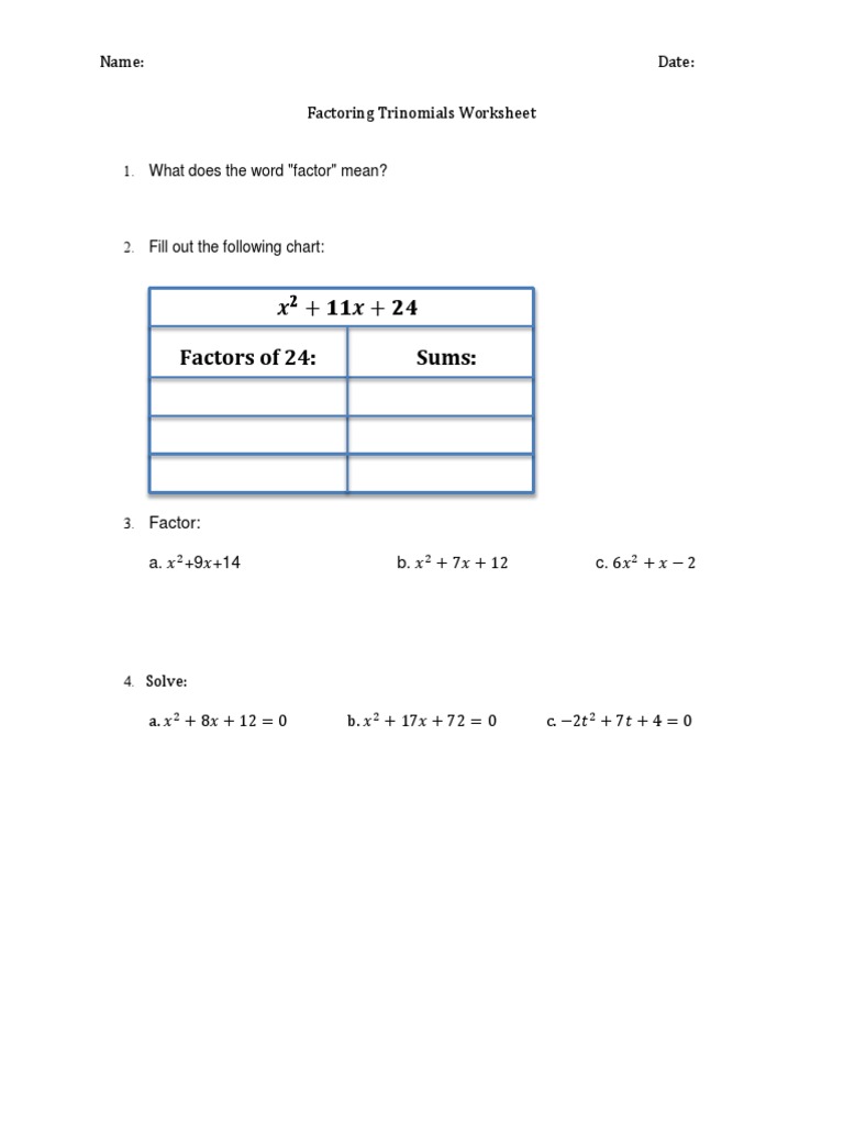 Factoring Trinomials Worksheet | PDF