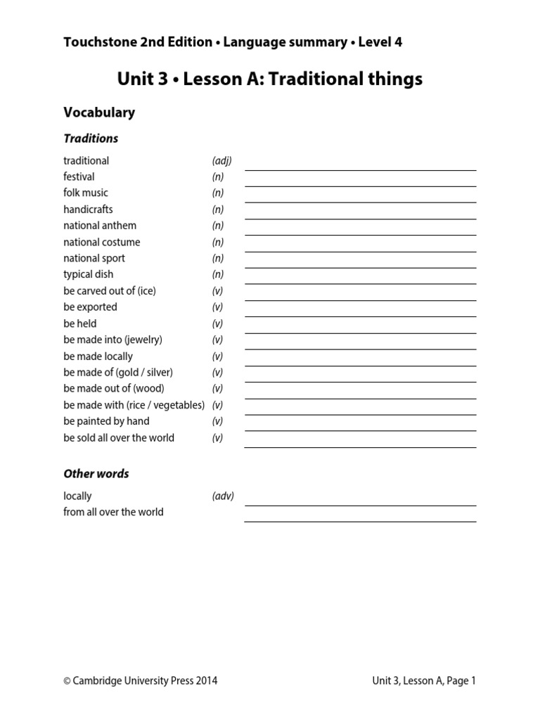 Unit 3 - Lesson A: Traditional Things: Touchstone 2nd Edition - Language Summary - Level 4 | PDF