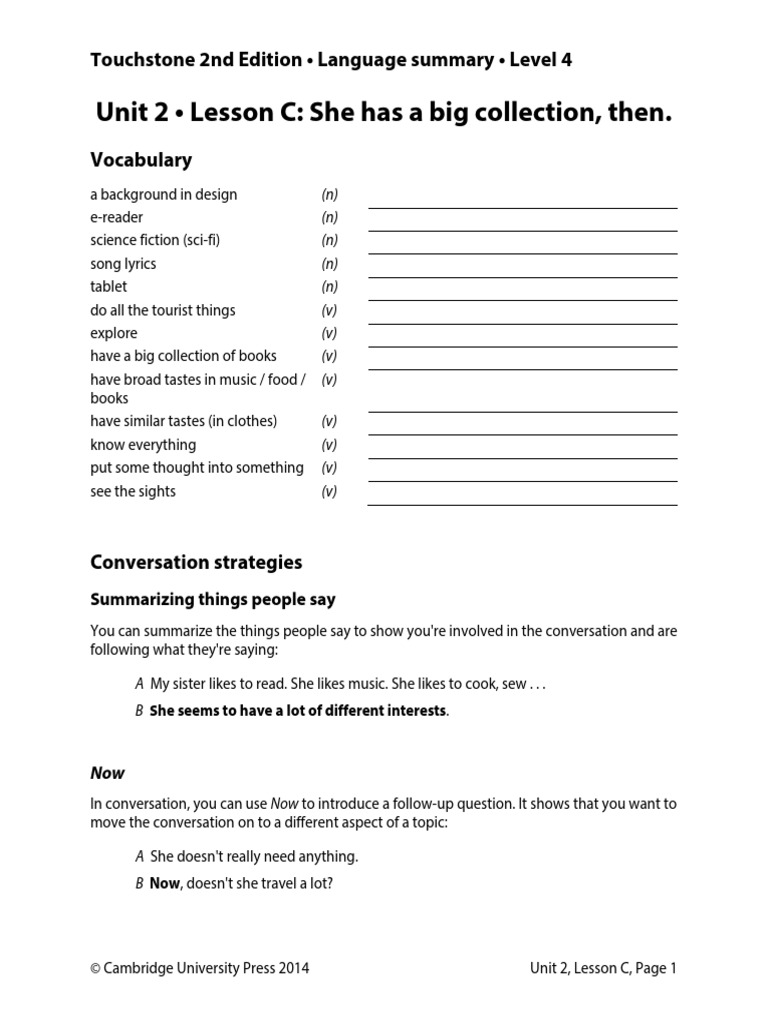 Unit 2 - Lesson C: She Has A Big Collection, Then.: Touchstone 2nd Edition - Language Summary ...