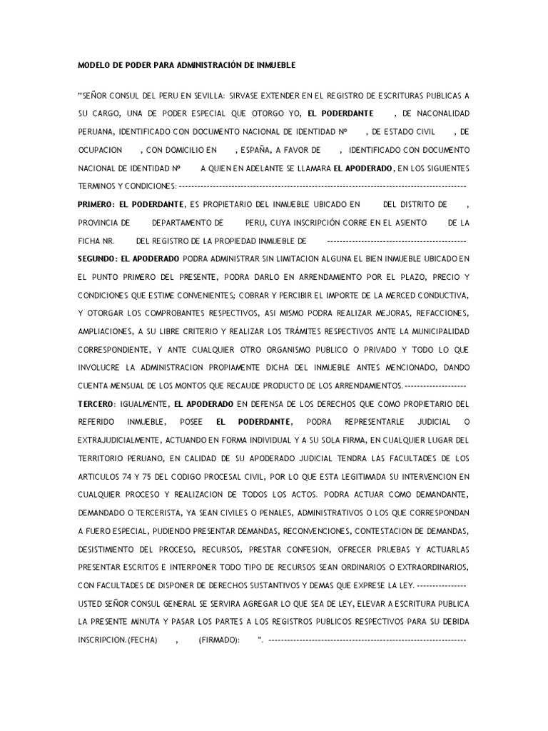 2 Modelo de Poder para Administracion de Inmueble | PDF | Propiedad | Perú