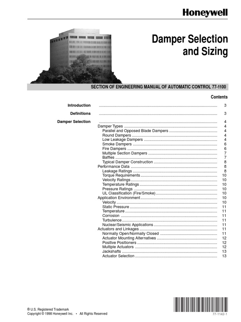77-1142 - Damper Selection and Sizing | PDF | Duct (Flow) | Actuator