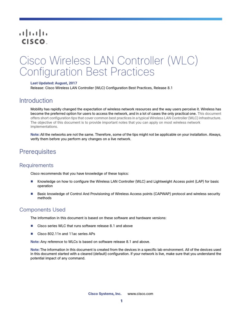 Cisco WLC Configuration Best Practices: Network Design Recommendations and Configuration ...