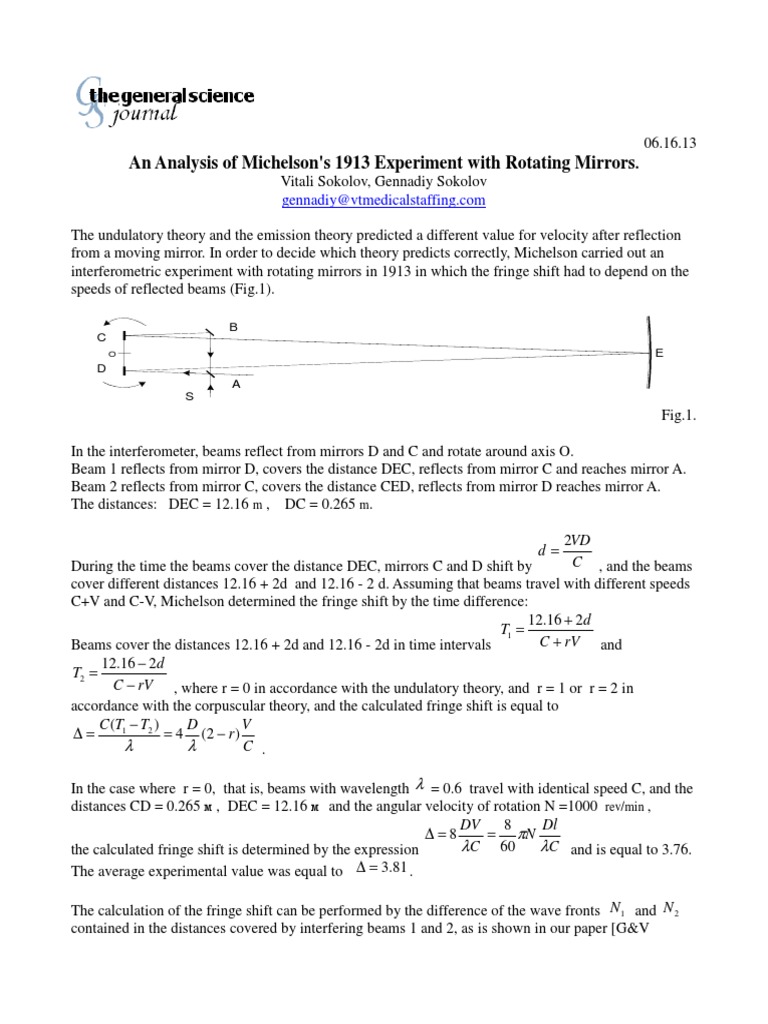 An Analysis of Michelson's 1913 Experiment With Rotating Mirrors | PDF | Interferometry | Modern ...