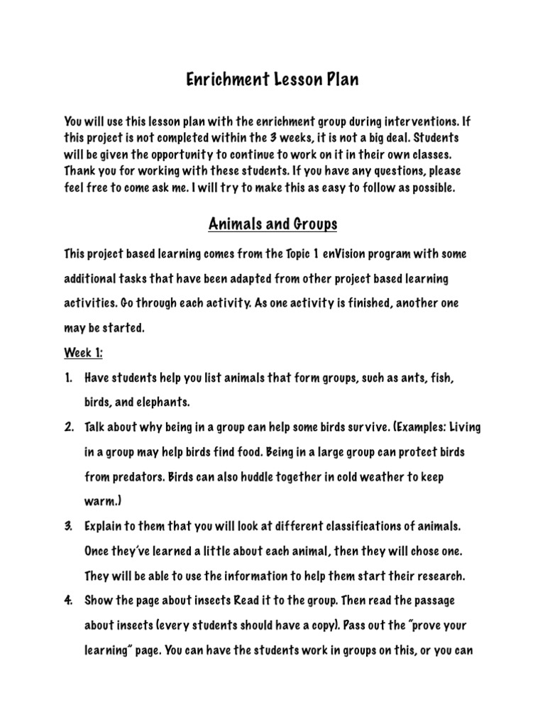 Enrichment Lesson Plan: Animals and Groups | PDF | Project Based ...