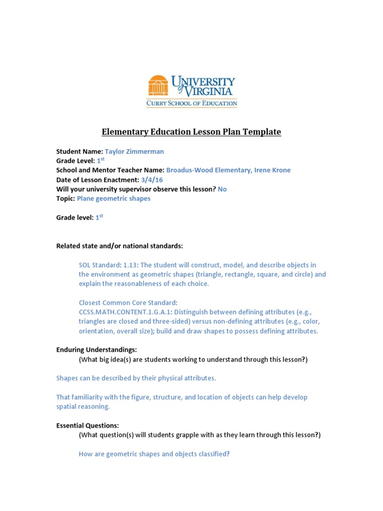 Elementary Education Lesson Plan Template | Download Free PDF | Shape ...