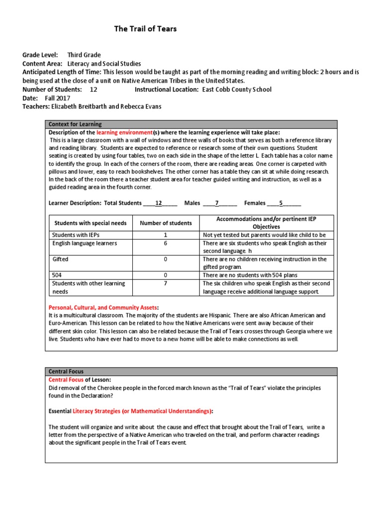 Trail of Tears Lesson Plan for Kids | PDF | Trail Of Tears | Teachers