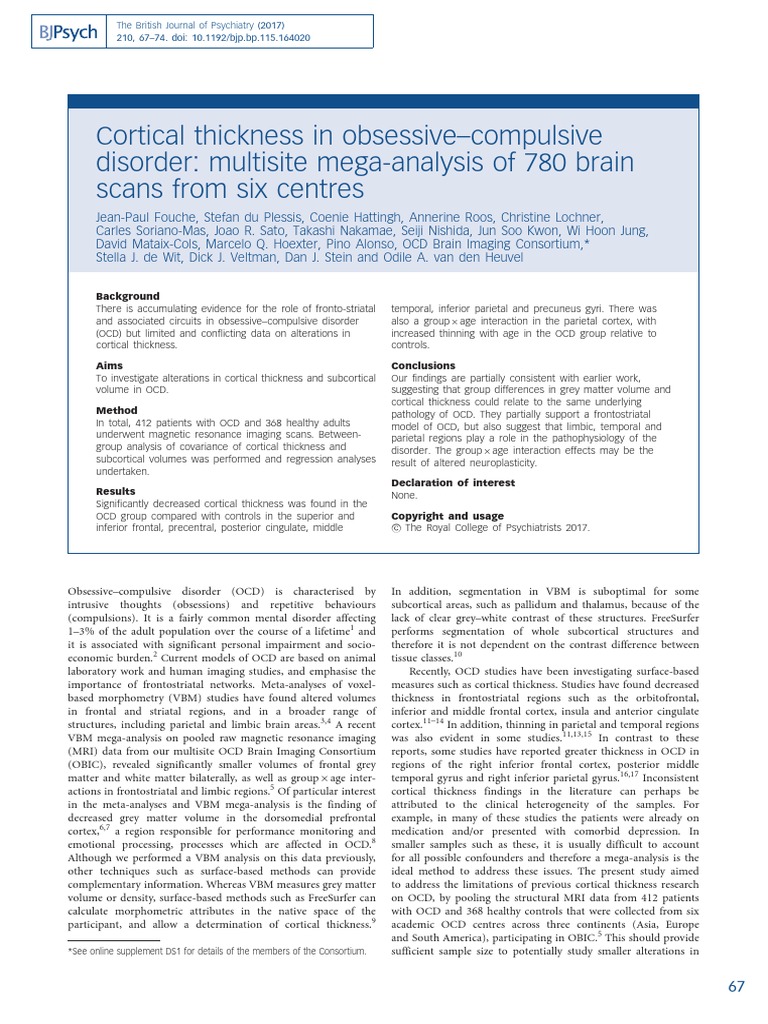 Cortical Thickness in Obsessive-Compulsive Disorder: Multisite Mega ...