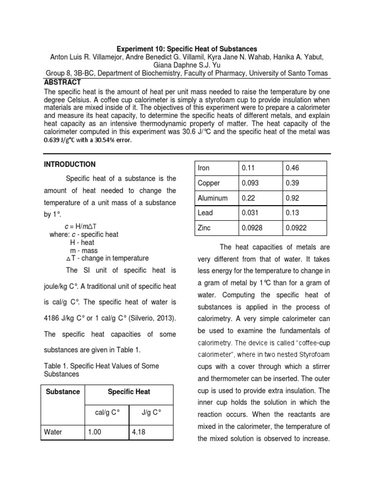 Experiment 10 Specific Heat of Substances | PDF | Heat Capacity | Heat