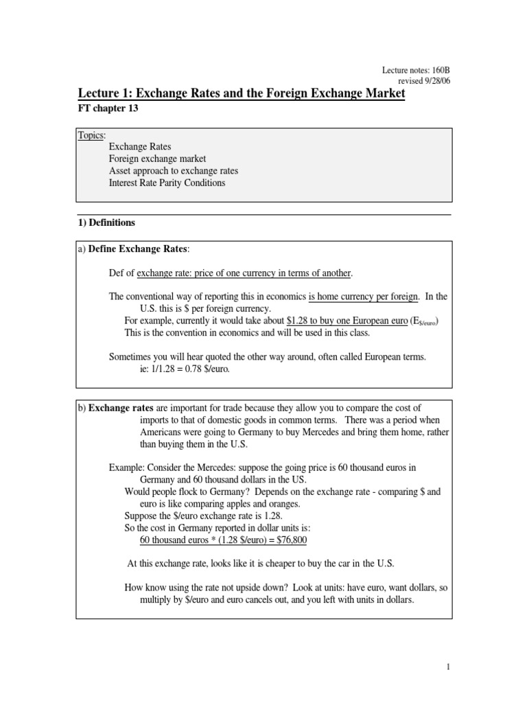 Lecture 1: Exchange Rates and The Foreign Exchange Market: FT Chapter ...