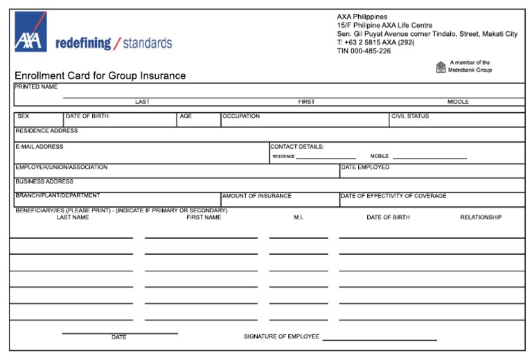 Axa Enrollment Card For Group Insurance | PDF | Insurance | Business