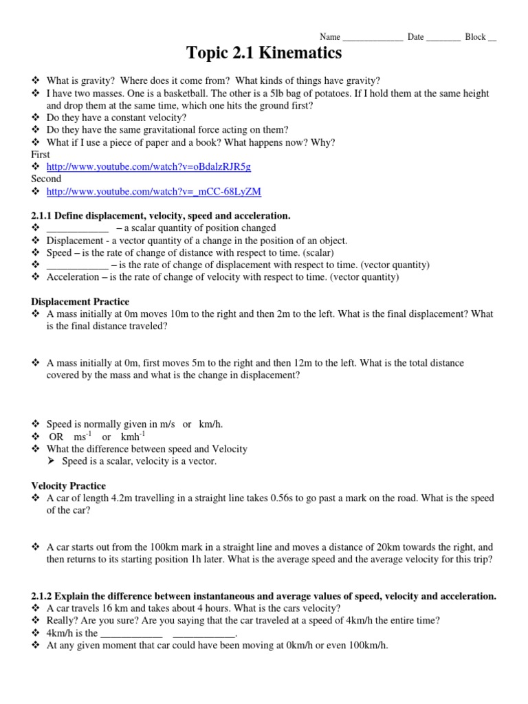 2.1 Kinematics Guided Notes | PDF | Velocity | Speed