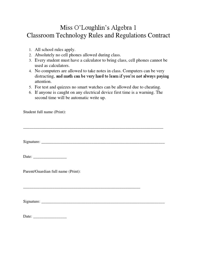 Algebra Class Tech Rules Contract | PDF | Computers