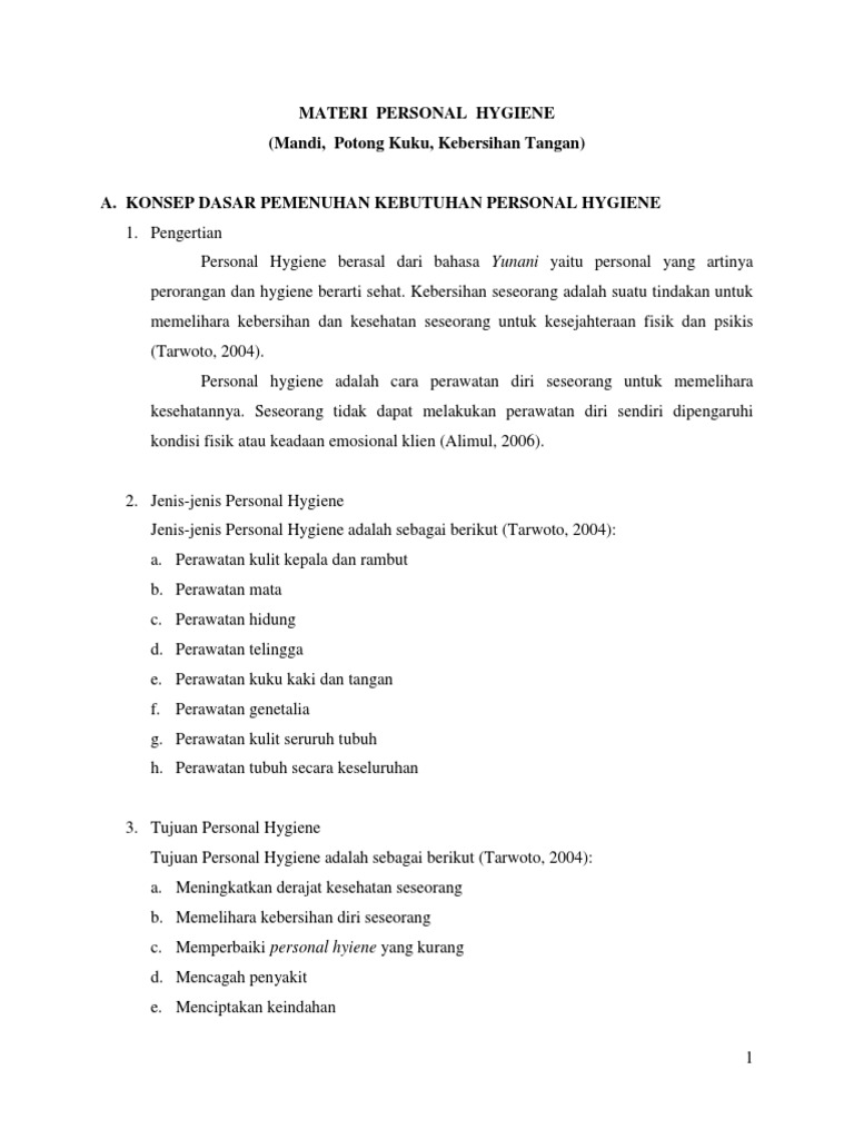 Jenis dan Tujuan Personal Hygiene | PDF | Pengembangan Diri