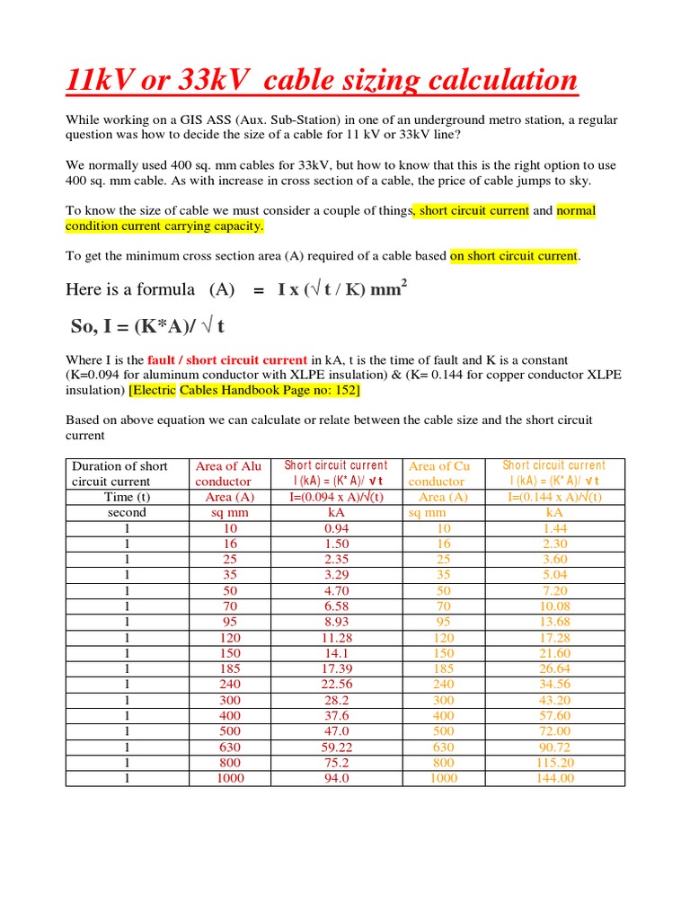 11kV or 33kV Cable Sizing Calculation | PDF | Electrical Conductor ...