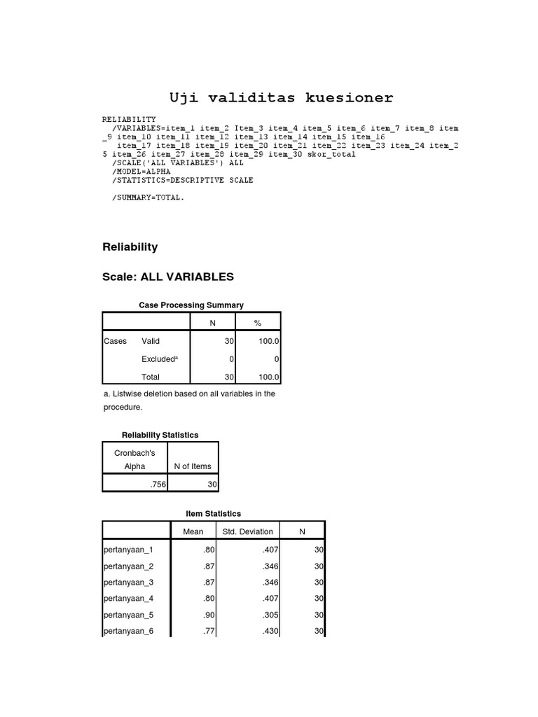 Uji Validitas Kuesioner: Reliability Scale: All Variables | PDF | Statistical Theory ...