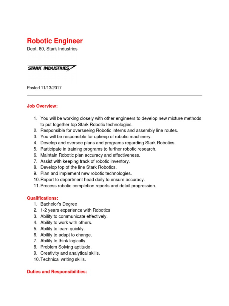 Job Description | PDF | Robotics | Employment