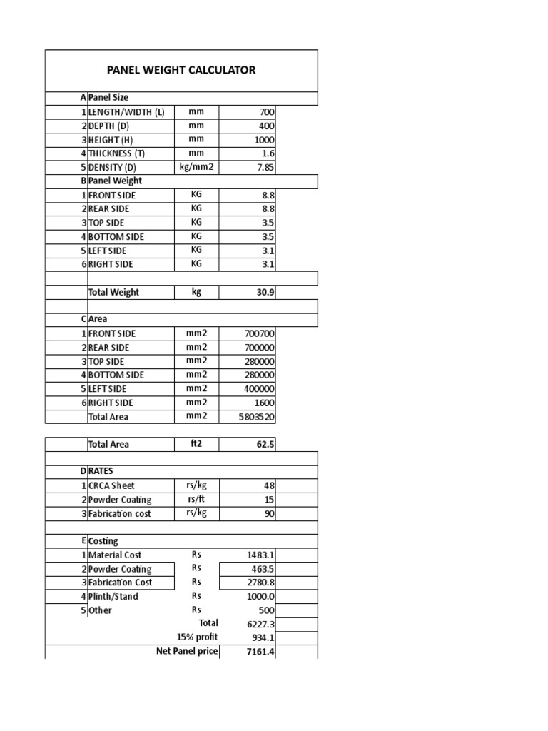 Copy of Panel Weight Calculator | PDF | Materials | Nature