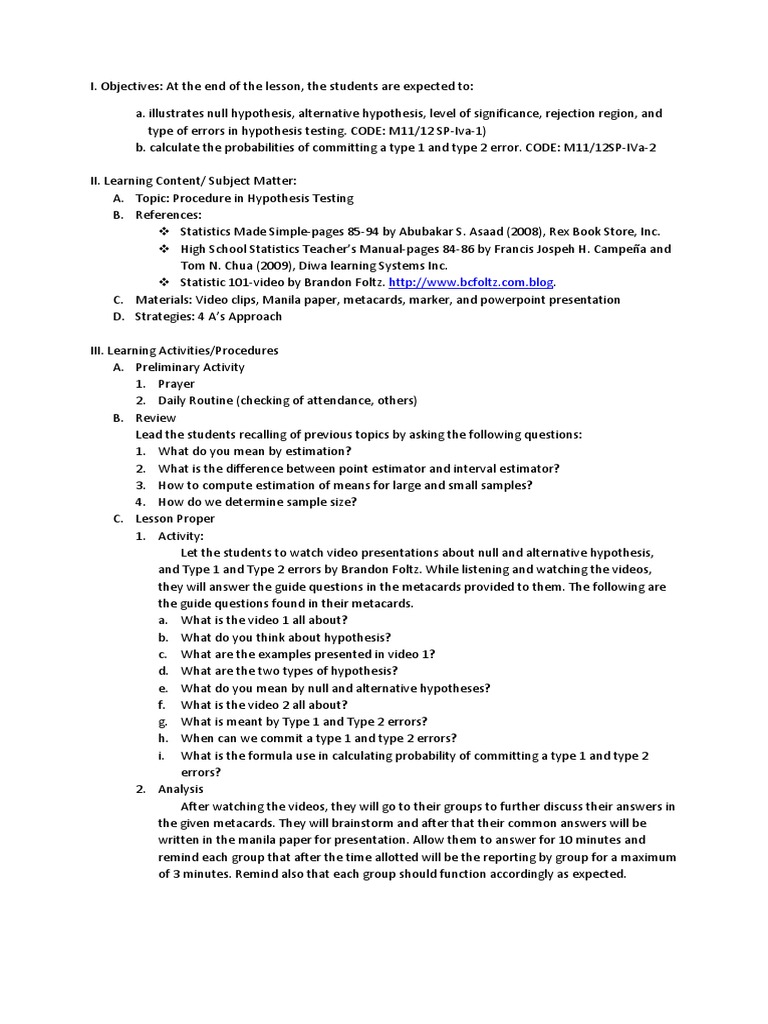 Hypothesis Testing Lesson Plan | PDF | Statistical Hypothesis Testing ...